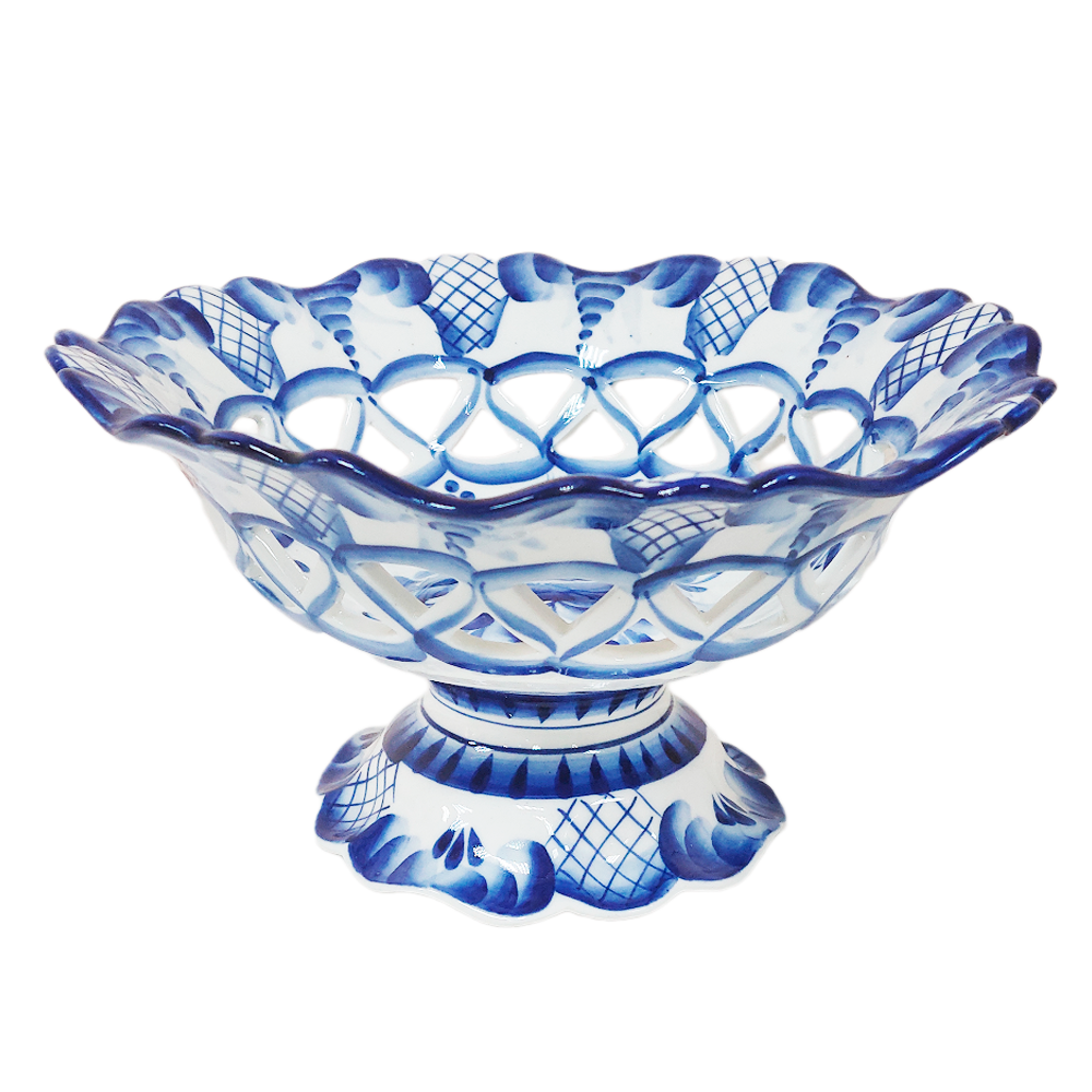 Фарфоровая конфетница на ножке ручной работы "Радость", гжель