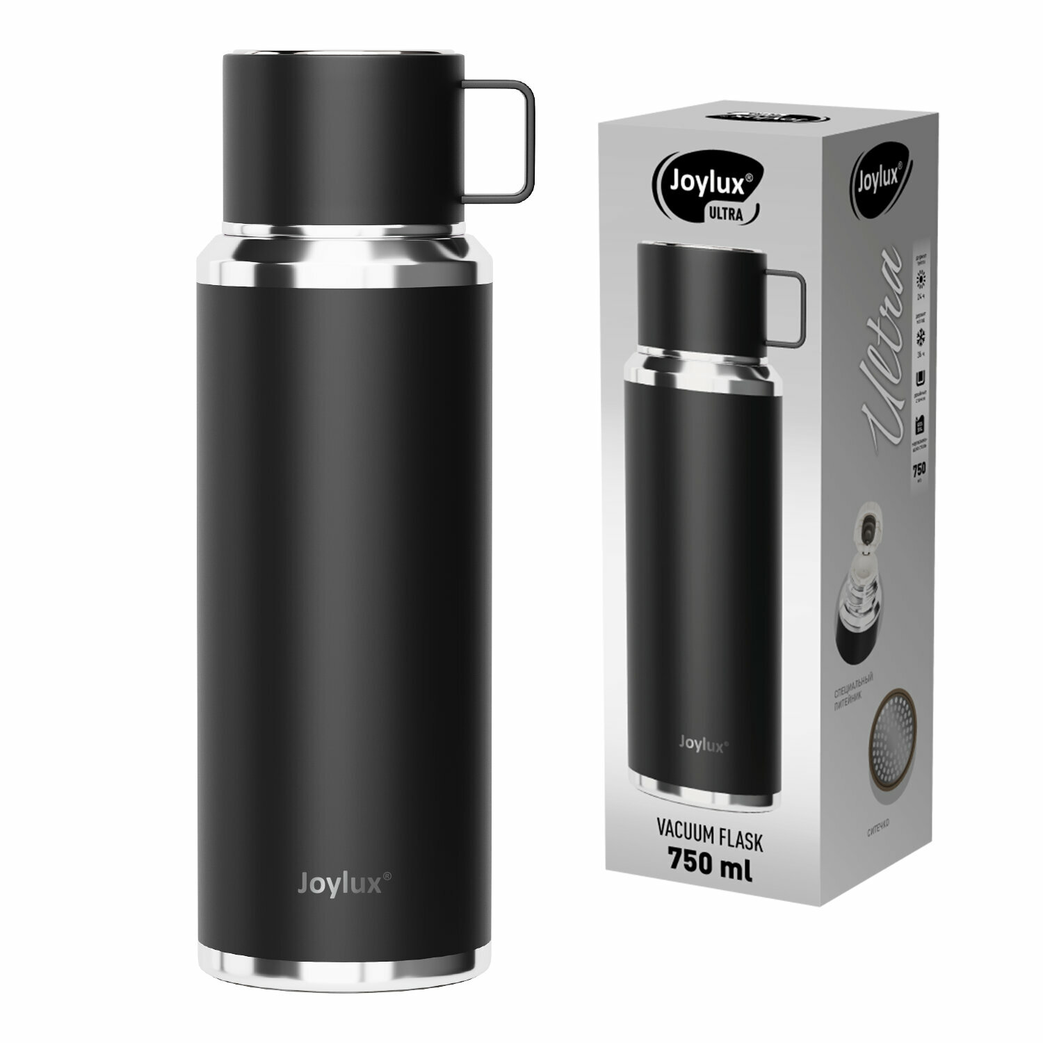 Joylux Термос 0,75 л Ultra SUS316 крышка-кружка питейник сито черный матовый 700314