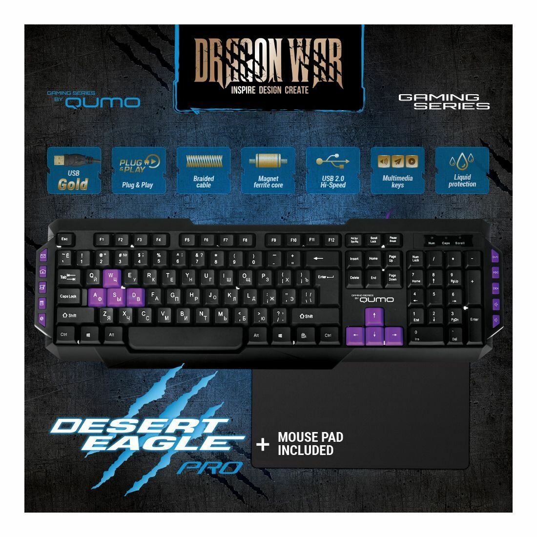 Игровая клавиатура Qumo Desert Eagle Pro, проводная, 104 +10 клавиш, выделенные блоки WASD и стрелки, кабель в оплетке с фильтром и golden USB