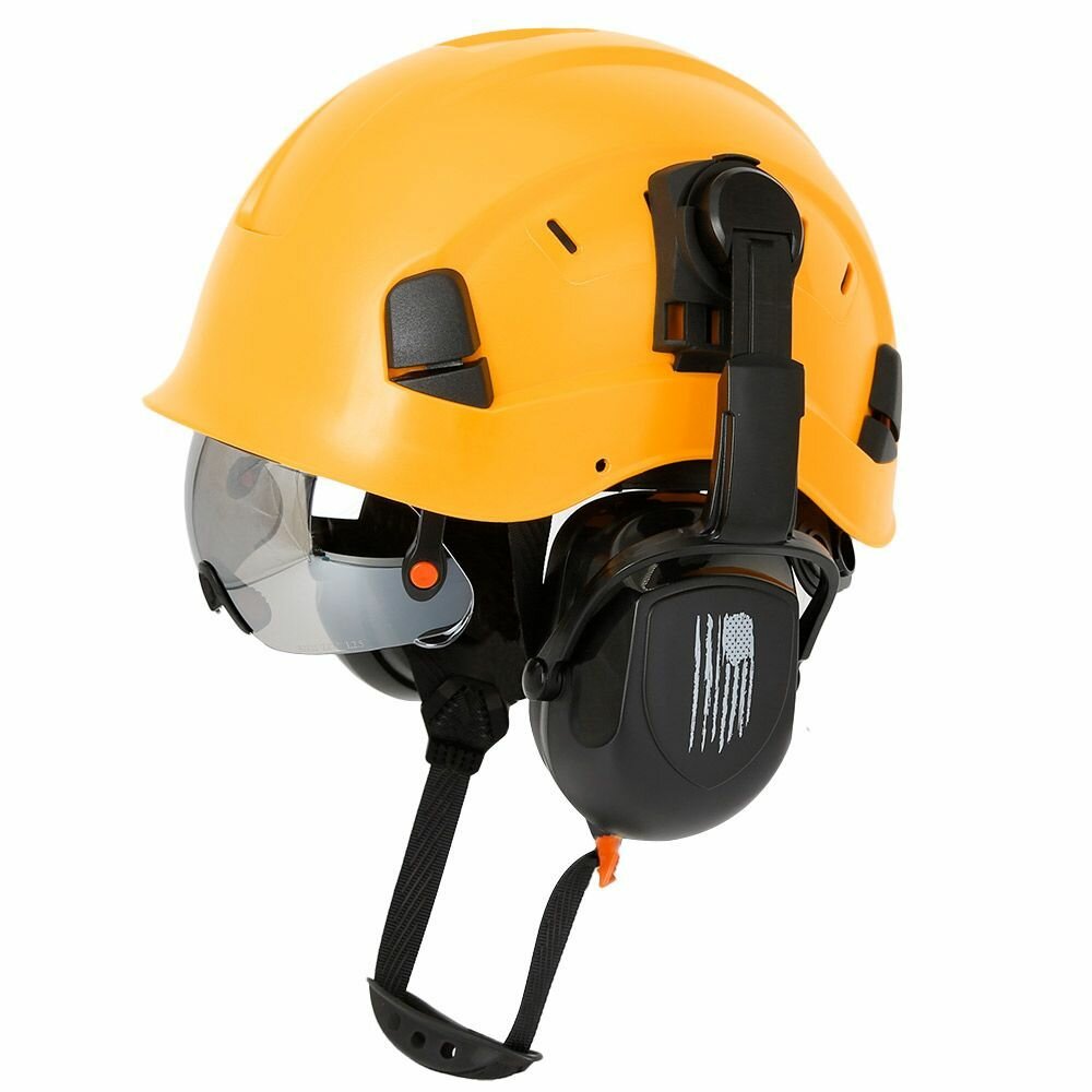 Строительная каска (защитный шлем) с противошумными наушниками и встроенными регулируемыми солнцезащитными очками