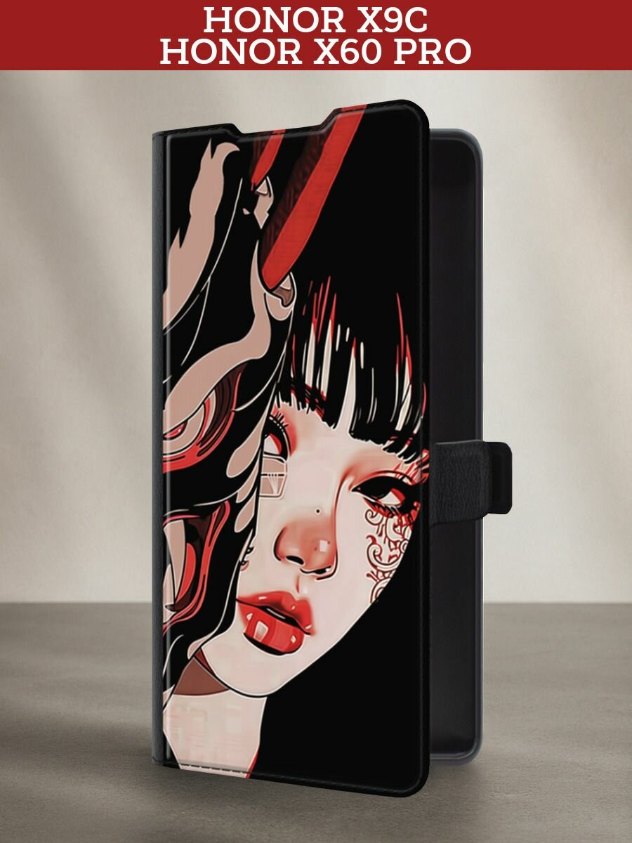 Чехол-книжка на Honor X9C/Honor X60 Pro / Хонор Х9С/Хонор Х60 Про с принтом Девушка за маской, черный