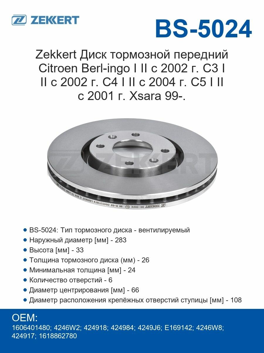 Zekkert Диск тормозной передний Citroen Berl-ingo I II с 2002 г. C3 I II с 2002 г. C4 I II с 2004 г. C5 I II с 2001 г. Xsara 99-.