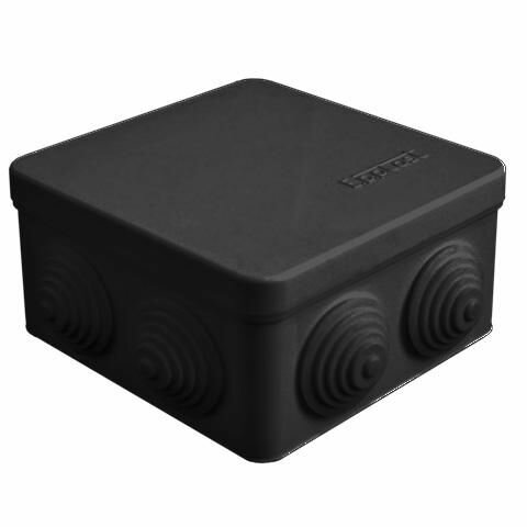 Распределительная коробка Электропромпласт черная, 105х105х56 мм, IP54, 7 выходов, 4 гермоввода, защелкивающаяся крышка, полипропилен