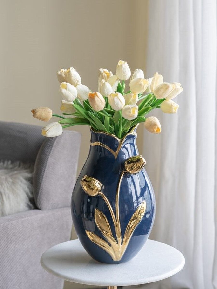 Ваза Glasar "Тюльпаны", керамика, настольная, синяя, 20x20x34,5 см