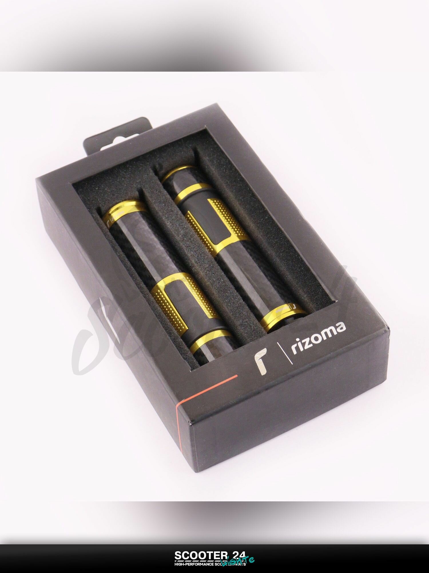 Грипсы (ручки руля) универсальные на мотоцикл / мопед питбайк и эндуро / скутер квадроцикл карбон с алюм. отбойником (желтые) "RIZOMA"