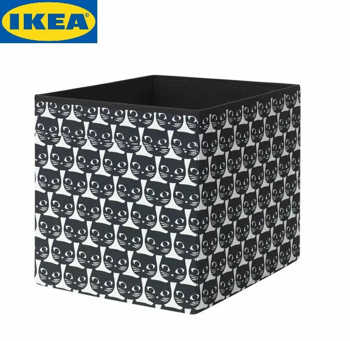 Коробка для хранения IKEA DRONA Икеа Дрена, чёрный с рисунком котики, 33x38x33 см, полиэстер