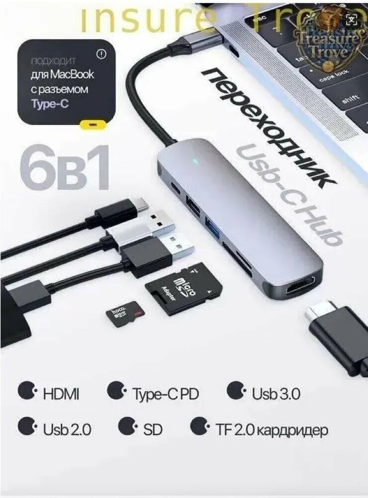 Переходник на Macbook адаптер HB28 разветвитель 6 в 1 USB Hub Type C 100W , Хаб для макбука