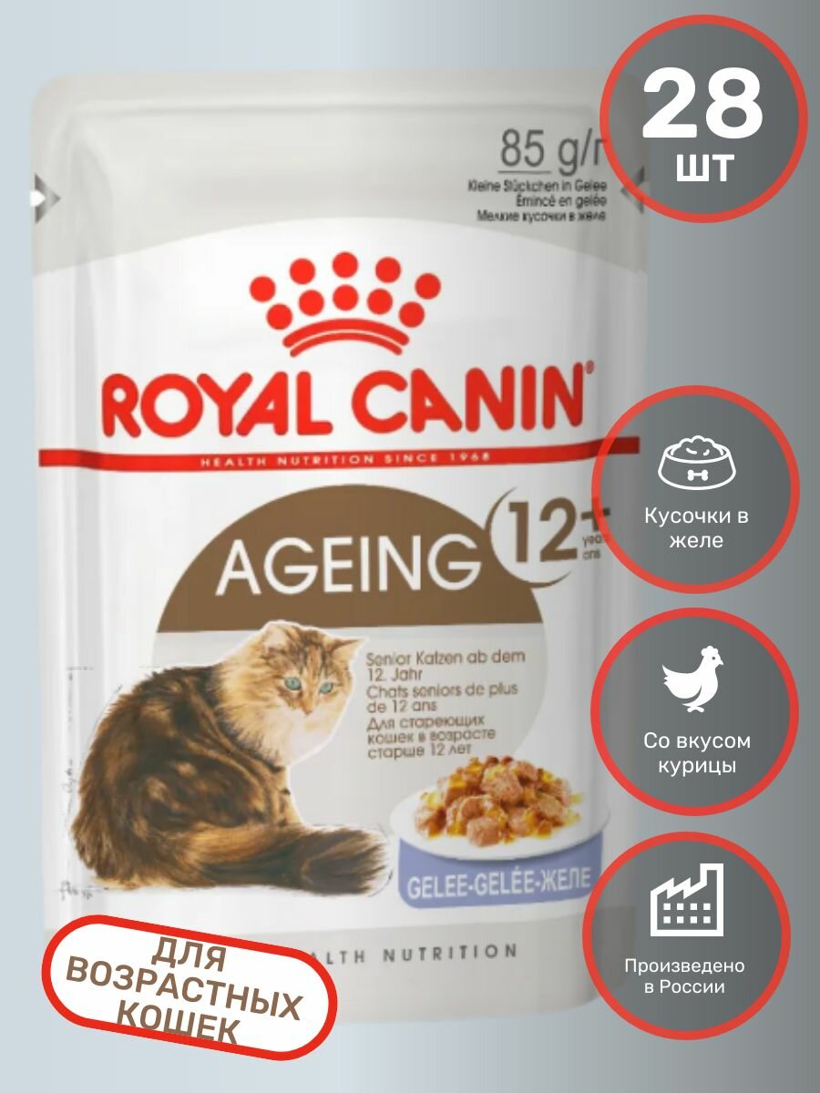 ROYAL CANIN Корм консервированный полнорационный для стареющих кошек в возрасте старше 12 лет AGEING 12+ (эйджинг 12+), мелкие кусочки в желе 85гр (28 штук)
