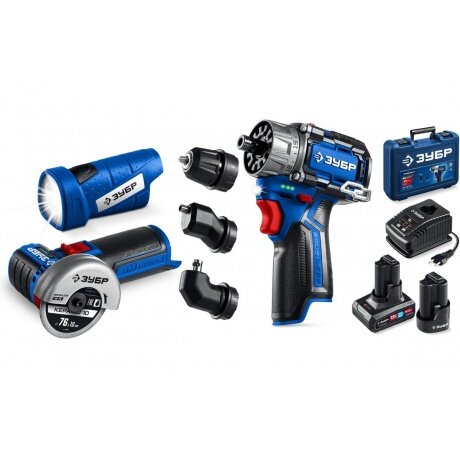 Набор: дрель-шуруповерт + мини УШМ + LED фонарь ЗУБР комби #5 BRUSHLESS, 12 В, 45 Н·м, 2 АКБ тип Т7 (4 и 2 А·ч), кейс, Профессионал (DB-125-42ABF)