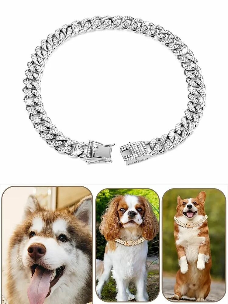 Ошейник со стразами, роскошная металлическая цепочка, подходящая для всех пород собак и кошек, кубинское ожерелье