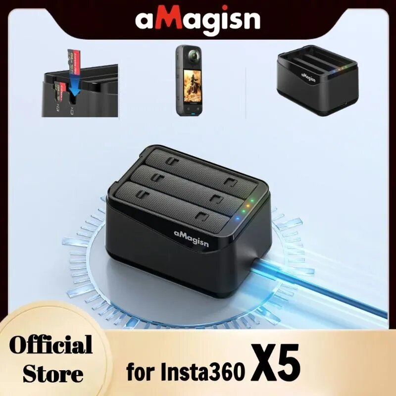 Зарядное устройство aMagisn для Insta360 X5, трехслотовый зарядный концентратор с 2 SD-картами для Insta 360 X5 Аксессуары для питания