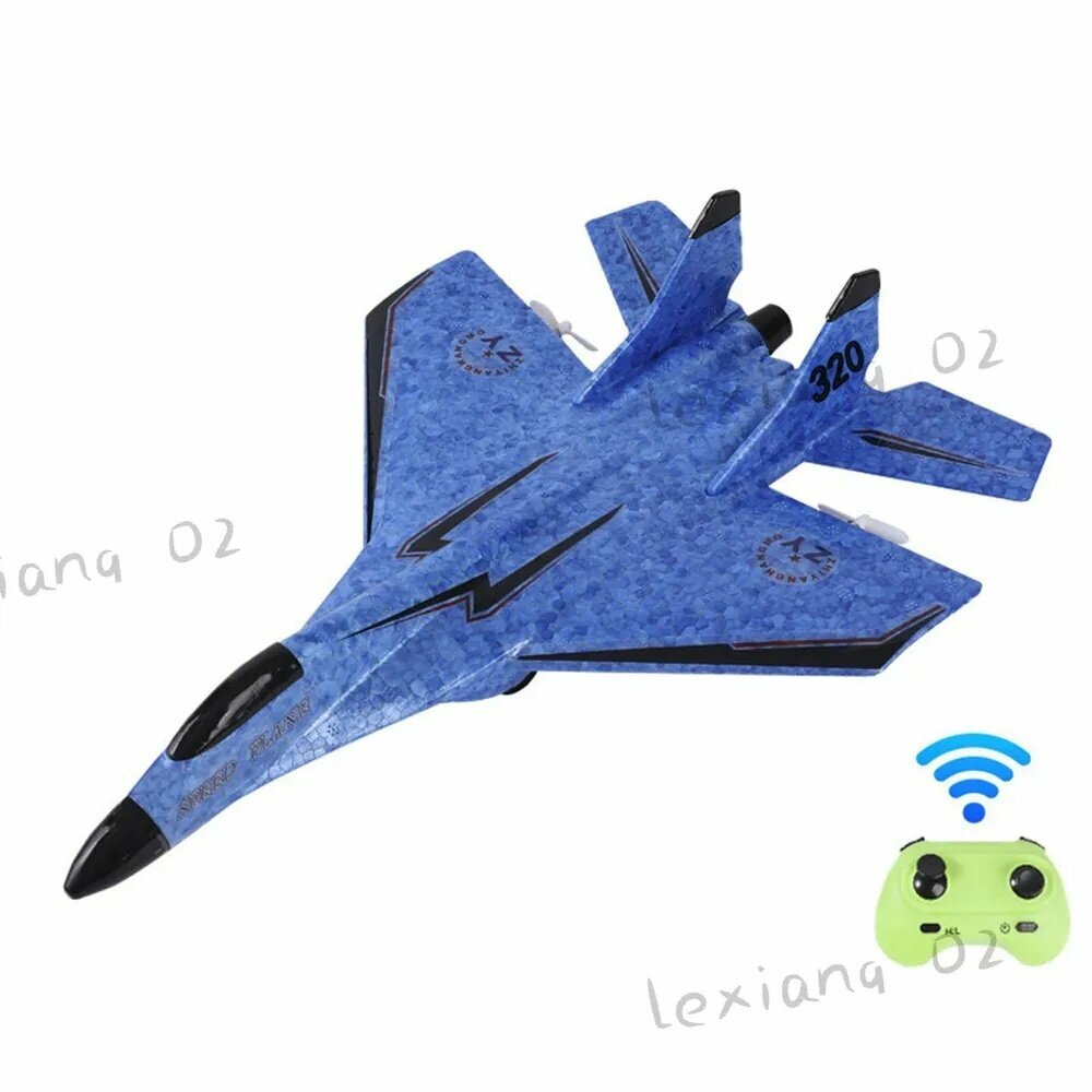 Детский радиоуправляемый самолет МиГ-320 из пенопласта, синий с подсветкой, с оповещением о низком заряде