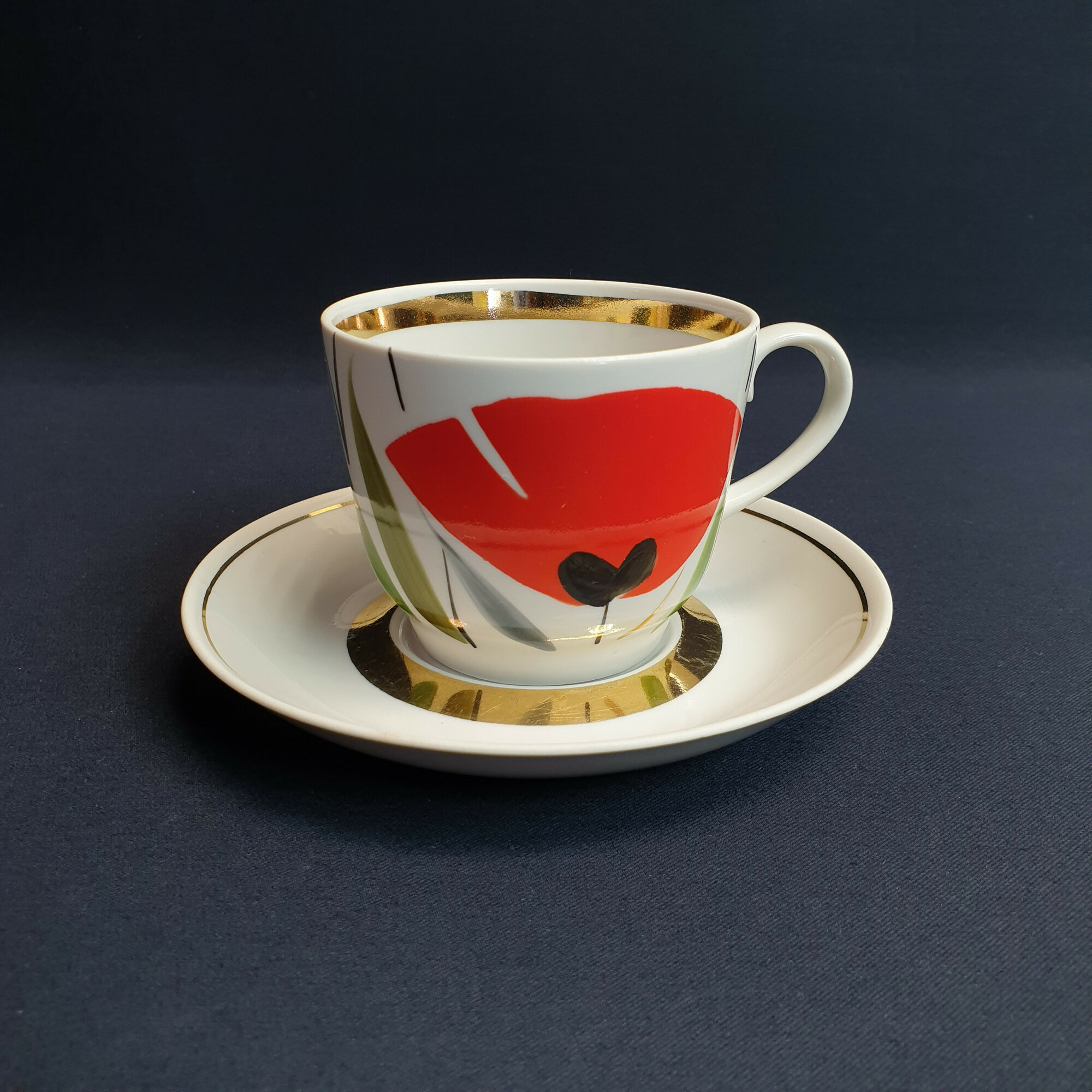 Чайная пара Мак Чайка, фарфор деколь роспись золочение 250 мл, винтаж СССР