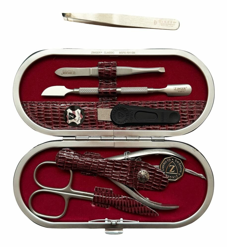 Маникюрный набор Premium-качества Zinger MSFE-701-3 SM, 5 предметов + пинцет, тёмно-бордовый