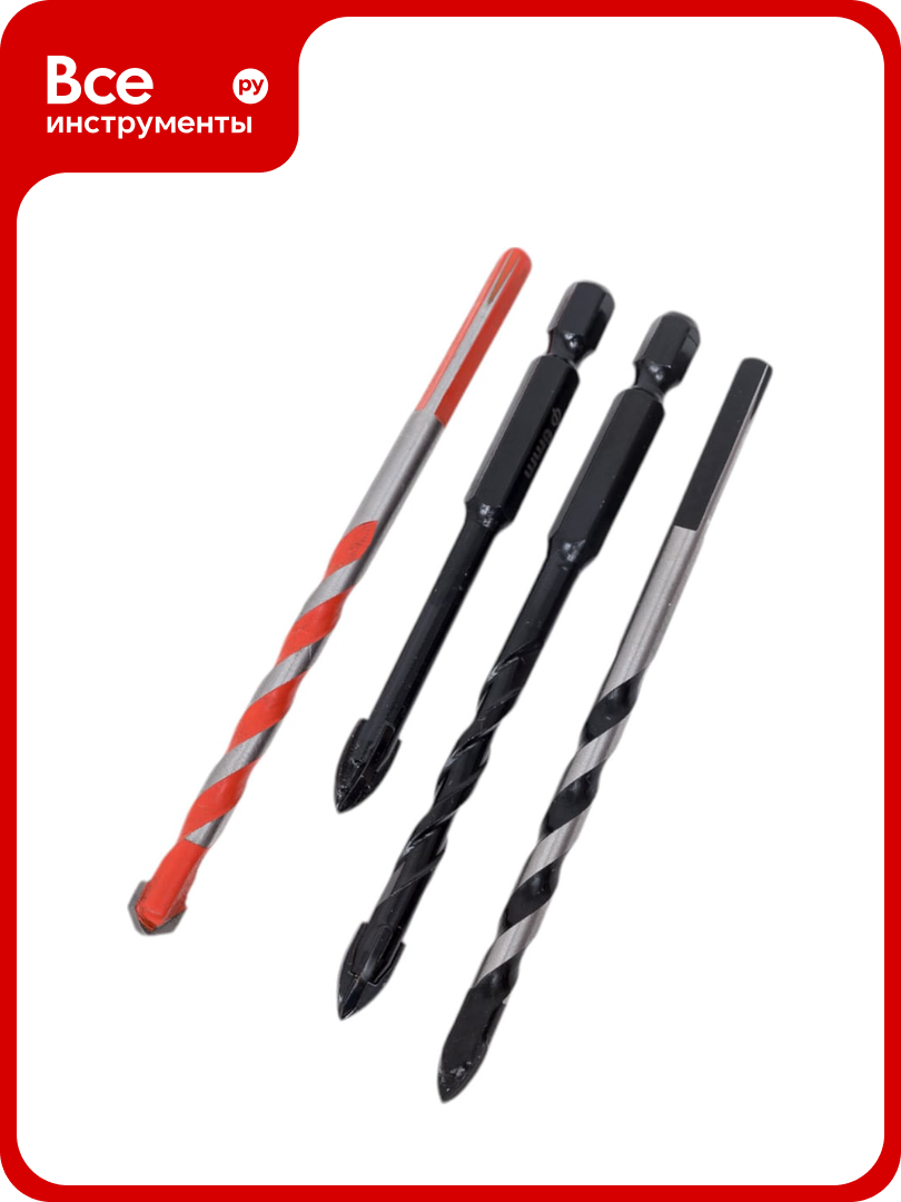 Свёрла для плитки, удлиненное спиральное, для керамики, для стекла, набор 4 шт, Vitatools nabor-sverl-4-sht
