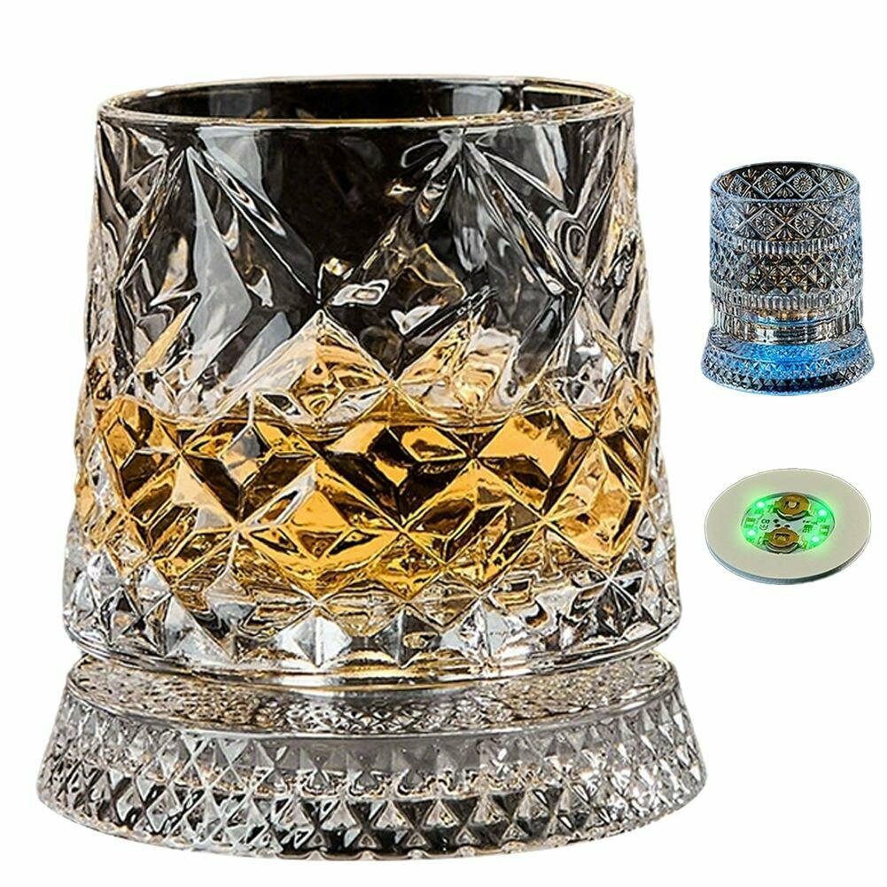 Стеклянный бокал BaYuYPOO со светодиодной подсветкой и 7-цветной панелью, светящийся бокал для виски и коктейлей объемом 260 мл, с рисунком в виде звездного льда, светящаяся посуда на батарейках для вечеринок, баров и домашнего декора (10 см)