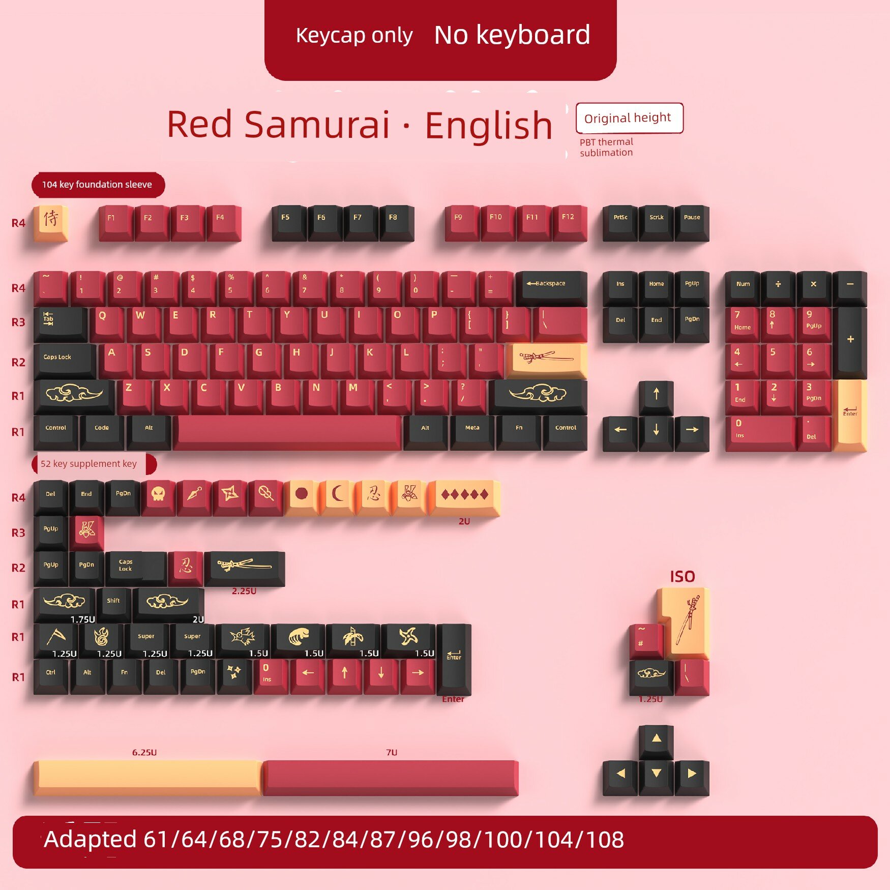Красные кейкапы Red Samurai (оригинал), совместимые с GMK, для японской, корейской, немецкой, французской, испанской