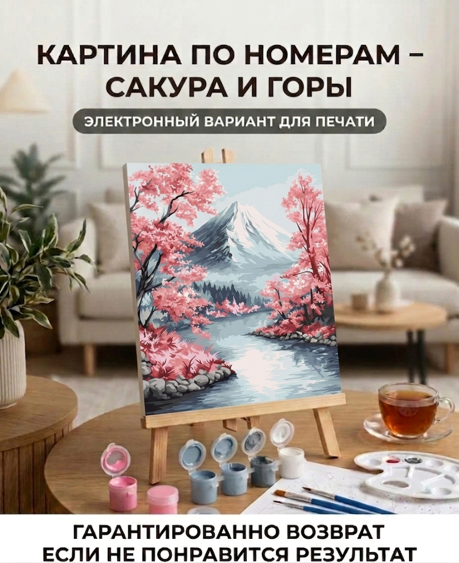 Картина по номерам "Сакура и горы", на холсте, PDF-инструкция