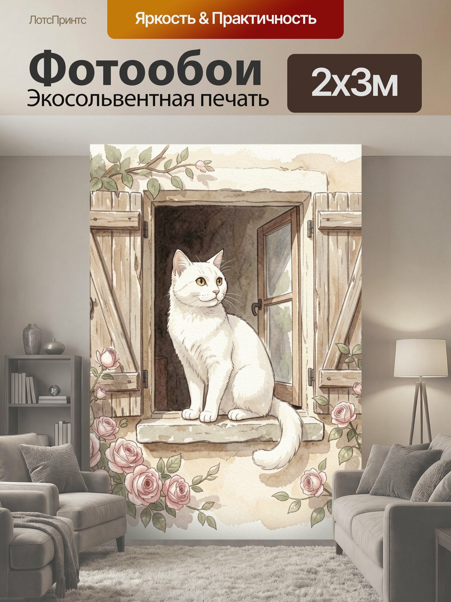 Фотообои "Белый кот у окна с розами. Нежная акварельная сцена: светлый питомец на подоконнике распахнутого деревянного окна, вокруг ветви и." 200x300 см. экосольвентная печать