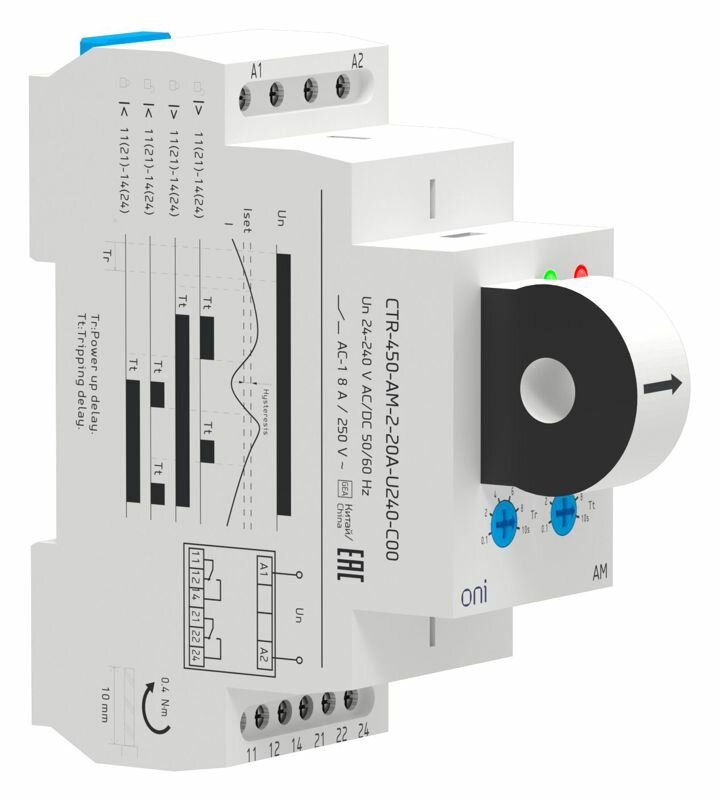 Реле контроля тока AM 2А-20А 2 контакта 24-240В AC/24В DC ONI CTR-450-AM-2-20A-U240-C00