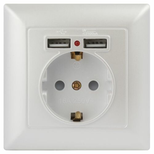 Розетка 1-м СП Solo 4-410-06 P+E Schuko 16А 250В + 2хUSB IP20 с заземл. защ. шторки перламутр Intro Б0053718