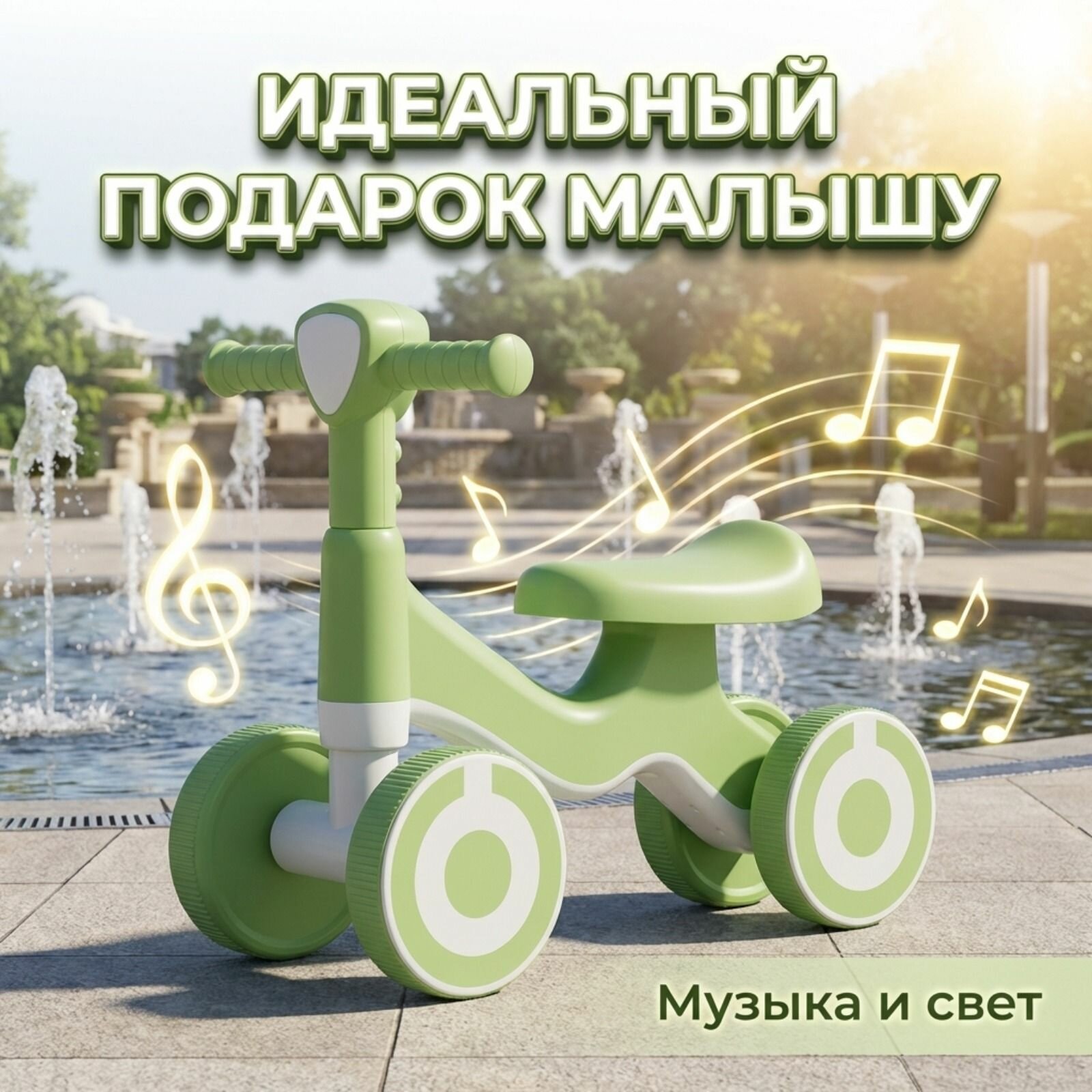 Детский четырехколесный беговел с музыкальным модулем и подсветкой для детей от одного до трех лет