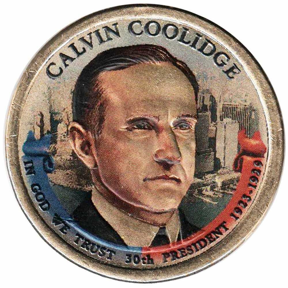 30p Монета США 2014 год 1 доллар Калвин Кулидж Вариант №2 Латунь COLOR. Цветная