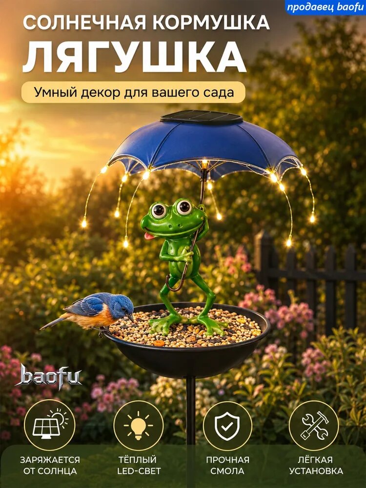 Фигурка садовая "Лягушка" под зонтом с подсветкой от солнечной батареи, умный декор для вашего сада