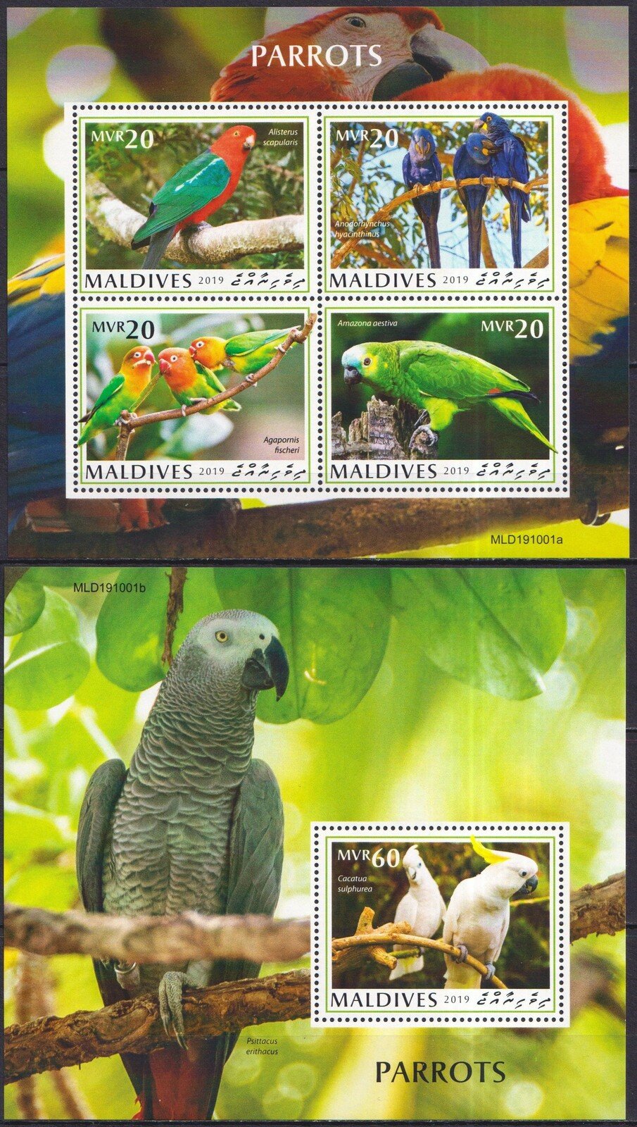 Марки 2019 год Мальдивы Попугаи Птицы Фауна #8799-02+Bl1418 Mnh