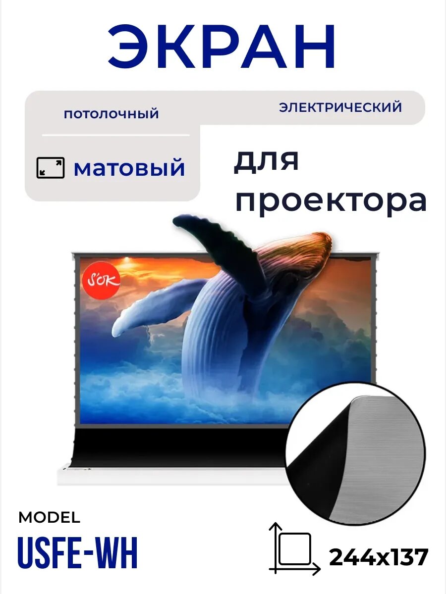 Экран для проектора S'OK для UST проектора, напольный c электроприводом, 244x137 см, 4K, цвет белый,