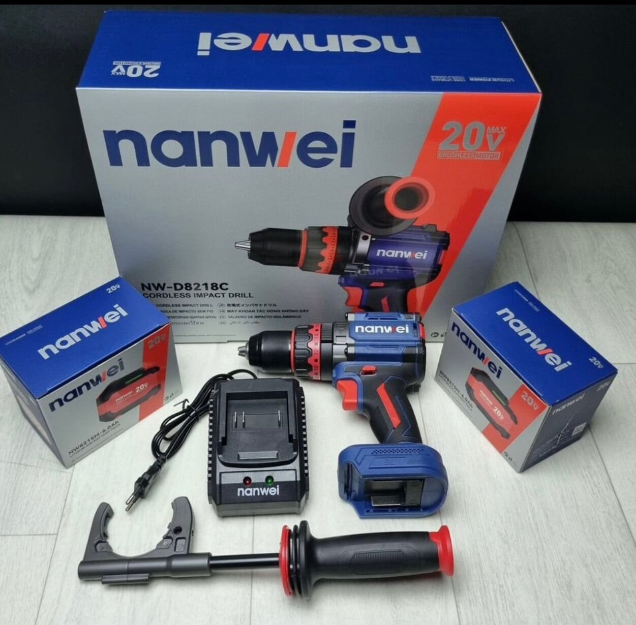 Шуруповёрт-ледобур Nanwei NW-D8218-C, с подсветкой, бесщёточный двигатель, 2 аккумулятора