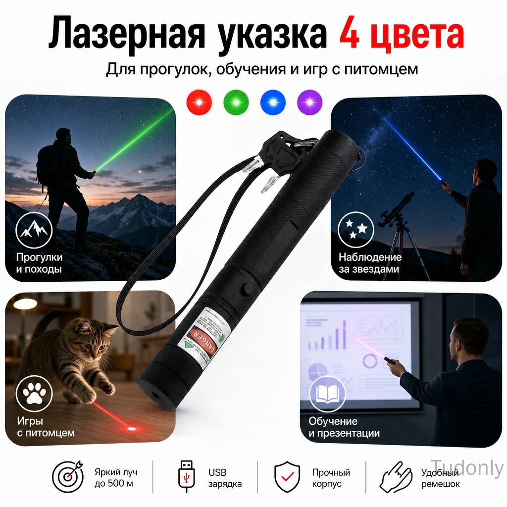 Лазерная указка USB с красным, зеленым, синим и фиолетовым лучом, дальнобойная, модель 303, с батарейками, сине-фиолетовый свет