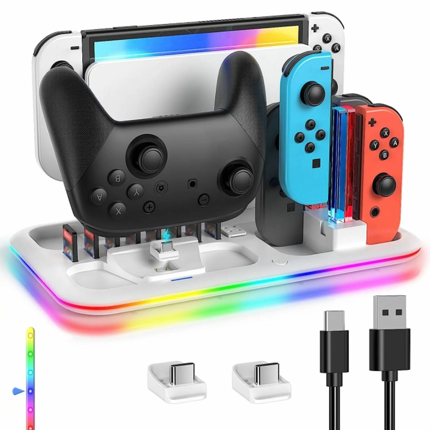 Зарядная док-станция для контроллера Nintendo Switch с 8 слотами для игровых карт и RGB-подсветкой, специальная зарядная станция для версий N S Pro и OLED
