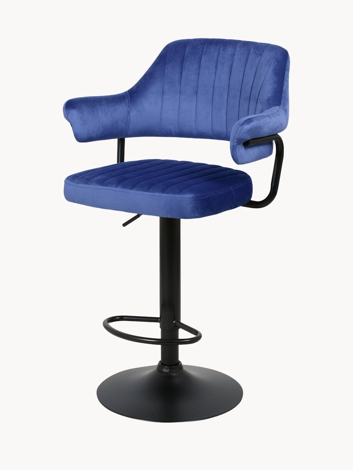 Барный стул высокий с подлокотниками, велюр, синий, с газлифтом, антивандальный