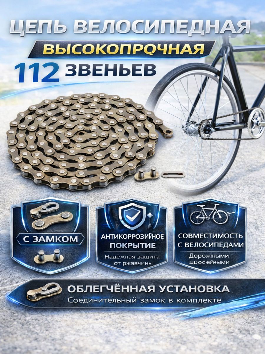 Цепь велосипедная, 1 скорость, 112 звеньев