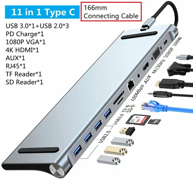 Док-станция PALMEXX 11в1 USB-C to HDMI+VGA+4*USB3.0+USBC+CR+LAN+AUX
