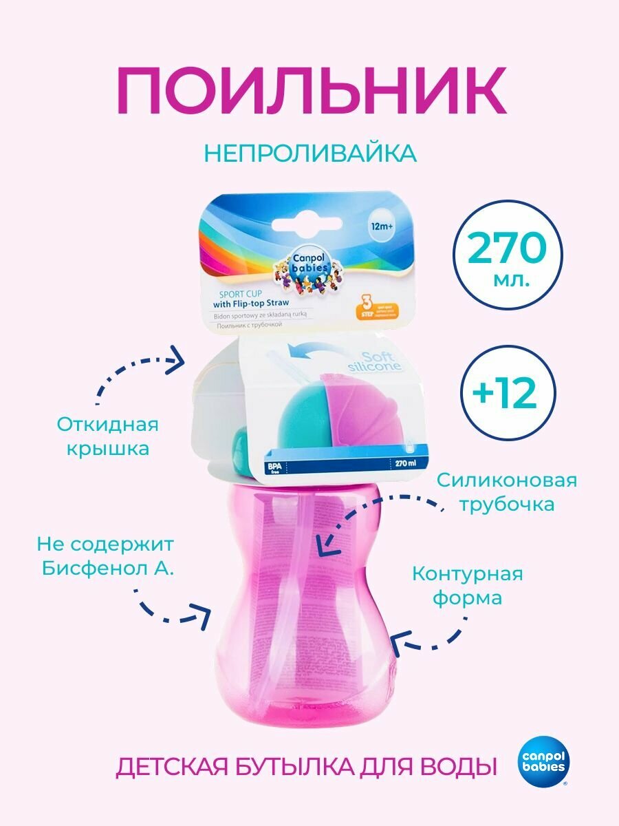 Поильник непроливайка детский Canpol babies с силиконовой трубочкой, 270 мл, розовый