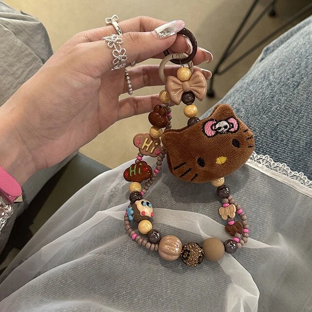 Милый плюшевый черный кожаный брелок Sanrio Hello Kitty с разноцветными бусинами, чехол для телефона, шнурок, подвеска на сумку, очаровательное украшение в форме сердца для девочки