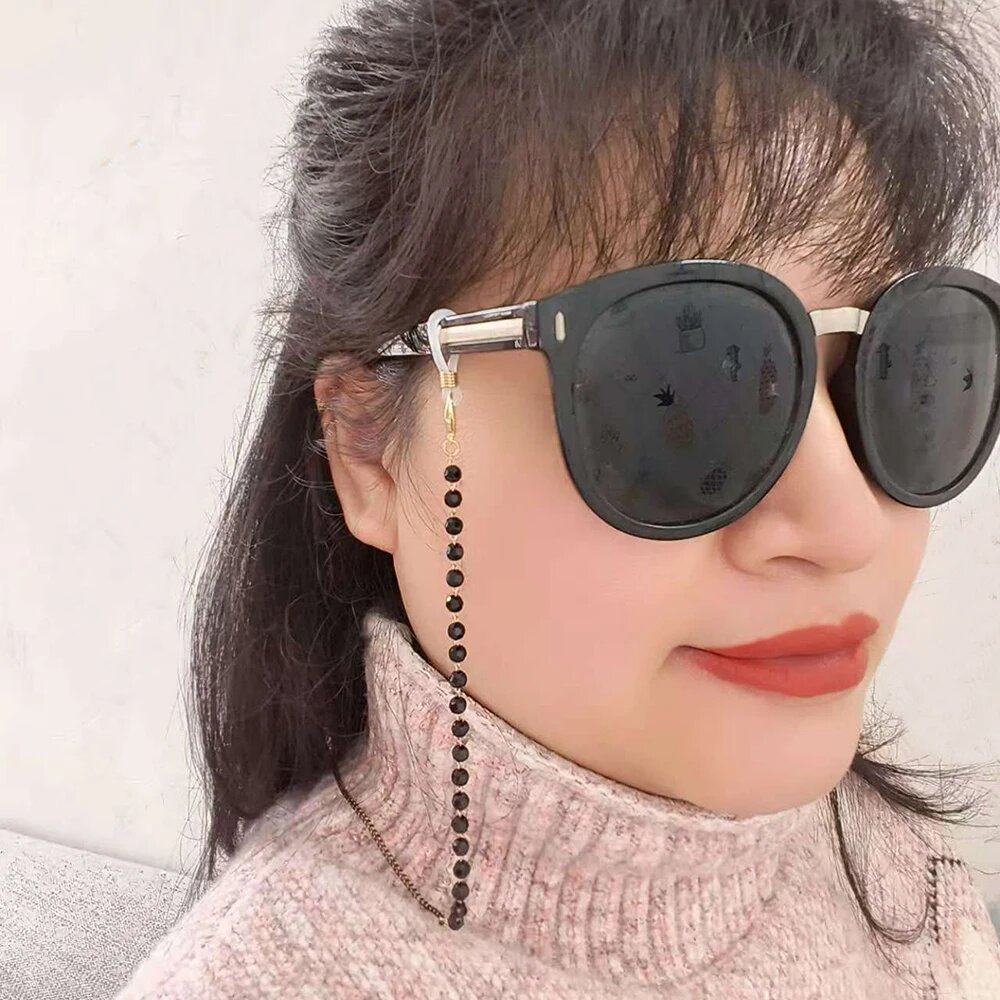 Цепочка для очков, черная Цепочка с кристаллами и силиконовыми петлями, женский аксессуар для солнцезащитных очков, многослойный браслет