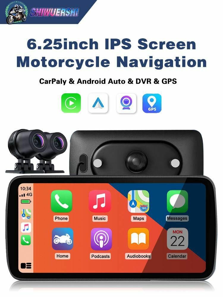 6,25-дюймовый беспроводной дисплей для мотоцикла с Apple CarPlay и Android Auto, HD-экран, водонепроницаемость IP67, GPS-навигация, передняя и задняя камеры для видеорегистрации