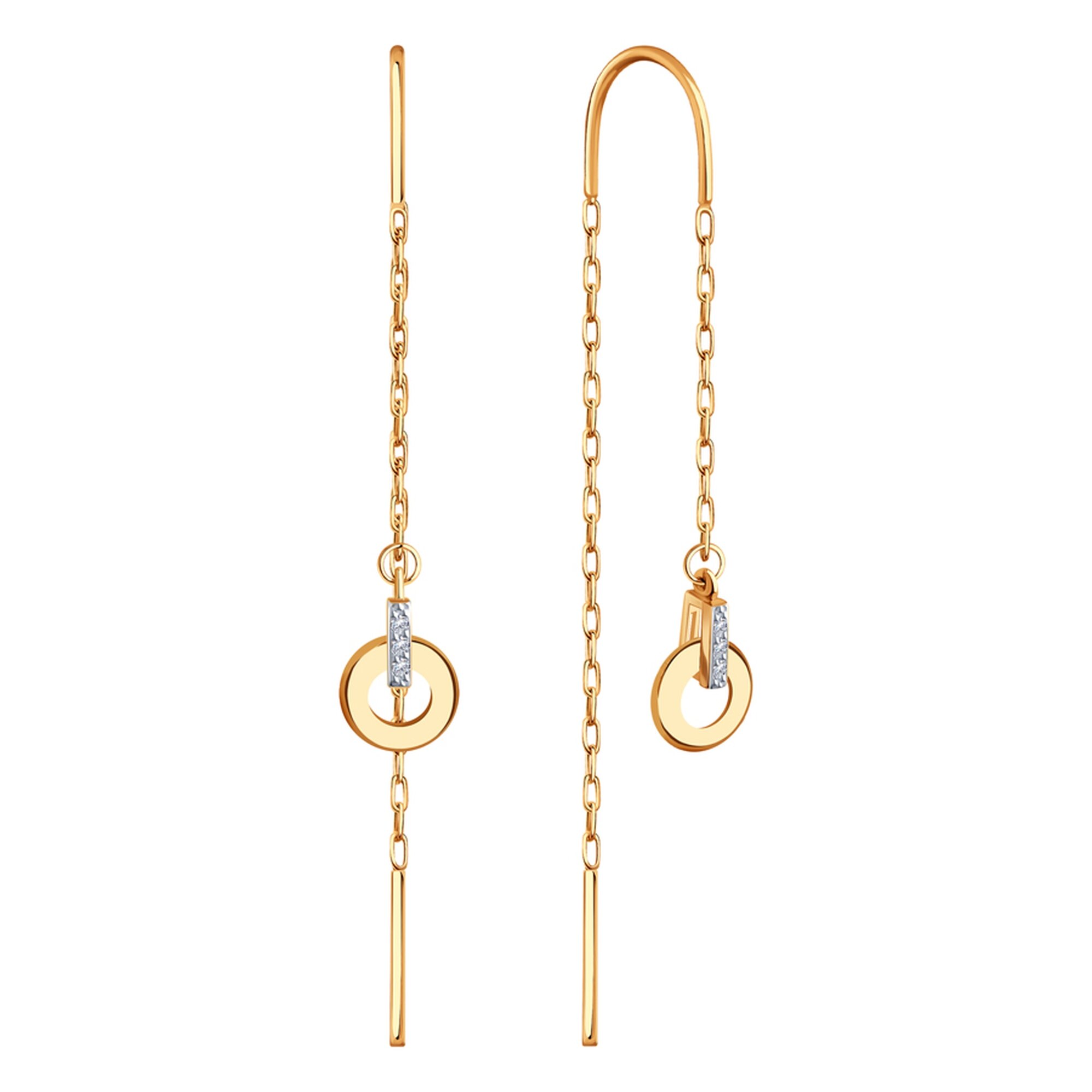 Серьги цепочки, красное золото, 585 проба, фианит