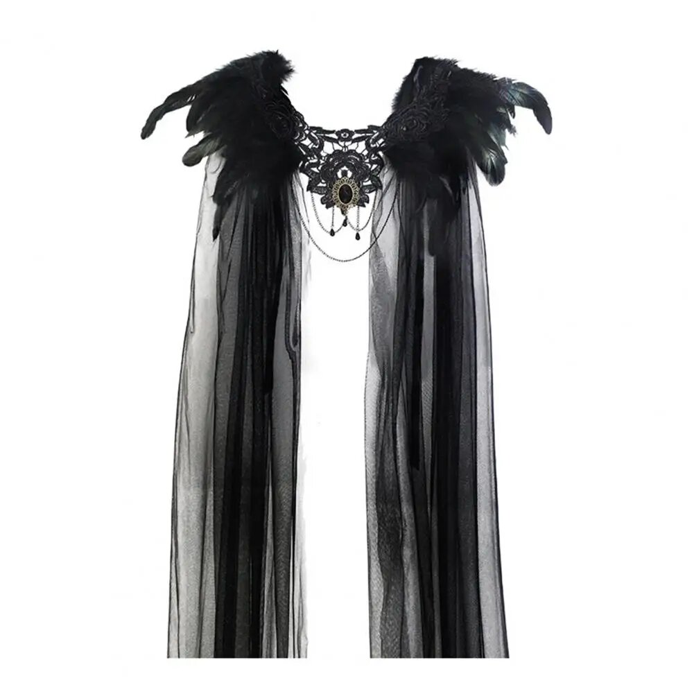 Накидка с перьями на плечах, черная накидка с перьями и кружевным воротником, фатиновая вуаль, костюм на Хэллоуин для женщин на Хэллоуин