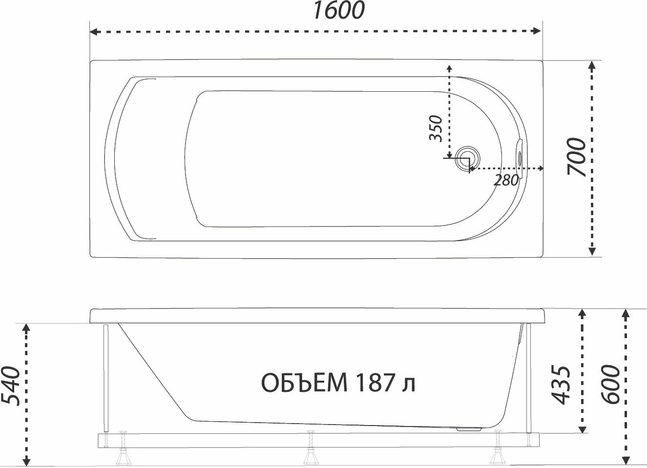 Акриловая ванна DIWO Углич без опоры 160x70 см, пристенная белая Щ0000055174
