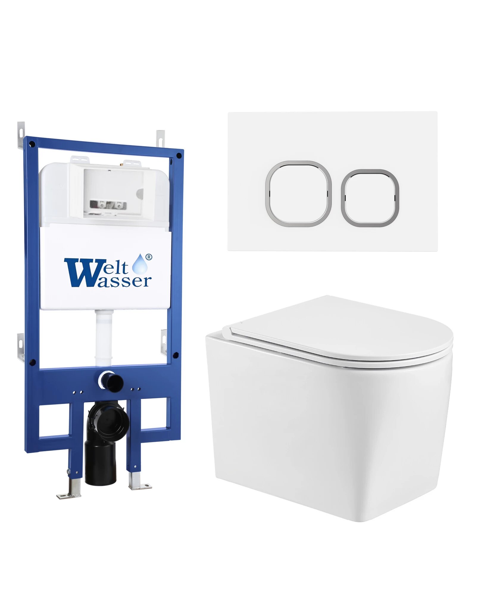 Комплект WeltWasser 10000012919 унитаз NESENBACH 004 GL-WT + инсталляция BAMBERG 545 + кнопка смы