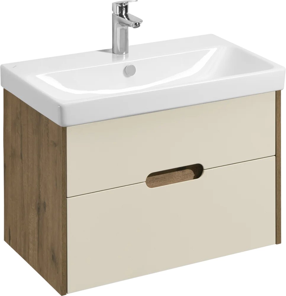 Тумба с раковиной AQUATON Оливия 80 подвесная, 80 см, светлое дерево, бежевая, матовая, из МДФ, с ящиками, раковина для ванной фарфоровая, прямоугольная