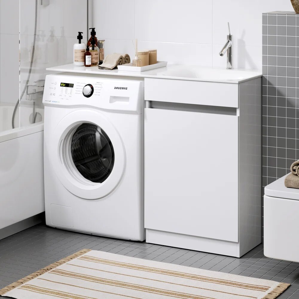 Тумба с раковиной Aqwella Forma Forma под стиральную машину, напольная, 115 см, белая, глянцевая, из МДФ, с ящиками, с корзиной, раковина для ванной из искусственного мрамора, прямоугольная, с сифоном