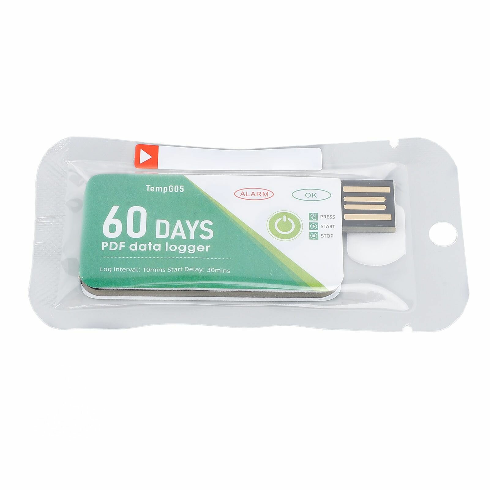 USB термодатчик с записью данных, IP67, диапазон -30 C до +60 C, 60 дней, PDF отчеты