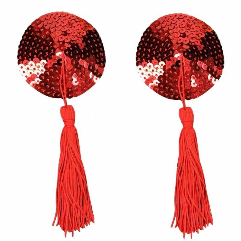 Стразовые накладки на соски с кисточками, Красная блестка круглая красная