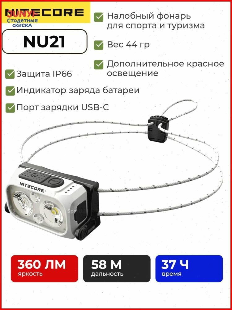 Фонарь налобный Nitecore NU21 Arctic White 360 люмен 37 часов 58м З/У USB-C АКБ Li-ion 3.7v 500mAh