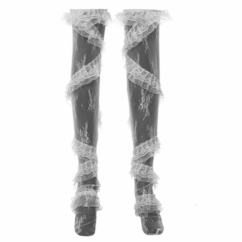 Чулки с рюшами и цветочным кружевом, Белый